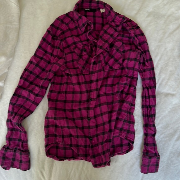 Tops | Magenta And Black Check Button Down Flannel Shirt | Poshmark